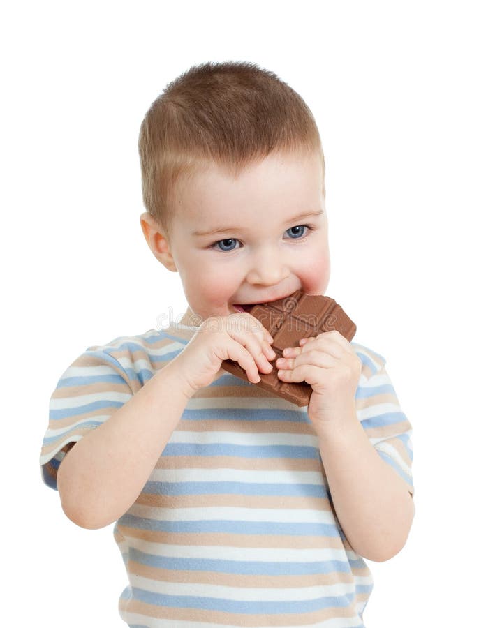Child Boy Eating Chocolate Isolated on White Stock Photo - Image of ...