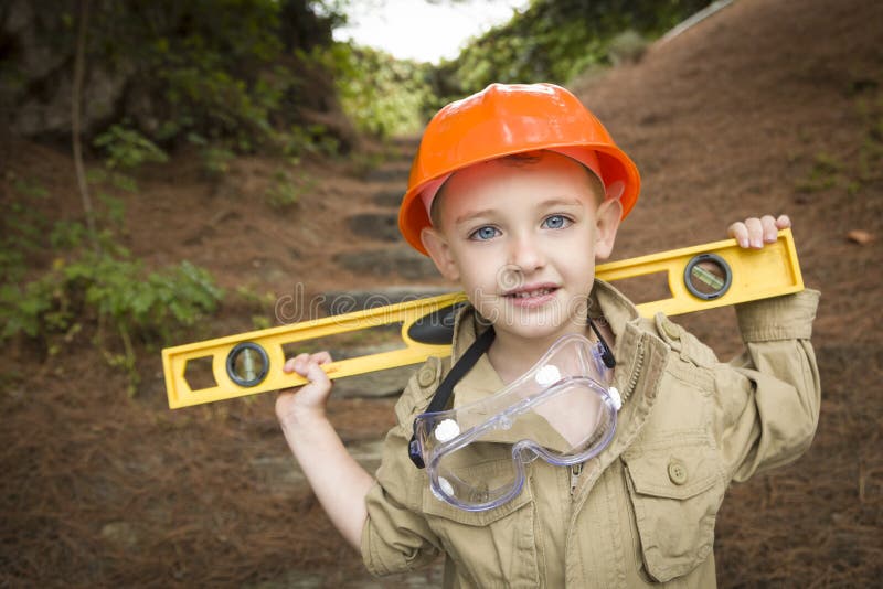Child Boy with Level Playing Handyman Outside Stock Image - Image of ...