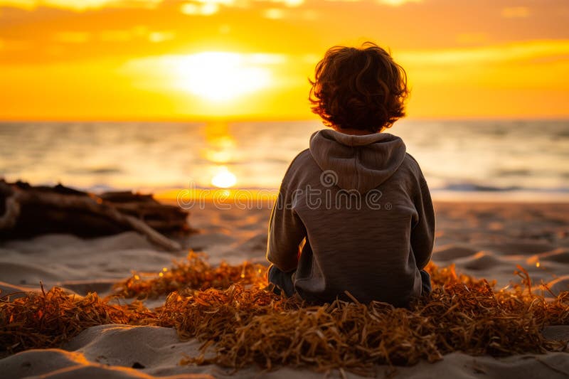 Child Boy Looking at the Setting Sun on the Seashore Stock Image ...