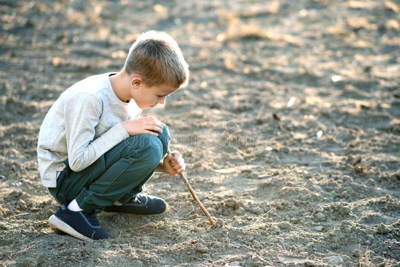 Child Boy Playing with Wooden Stick Digging in Black Dirt Ground ...
