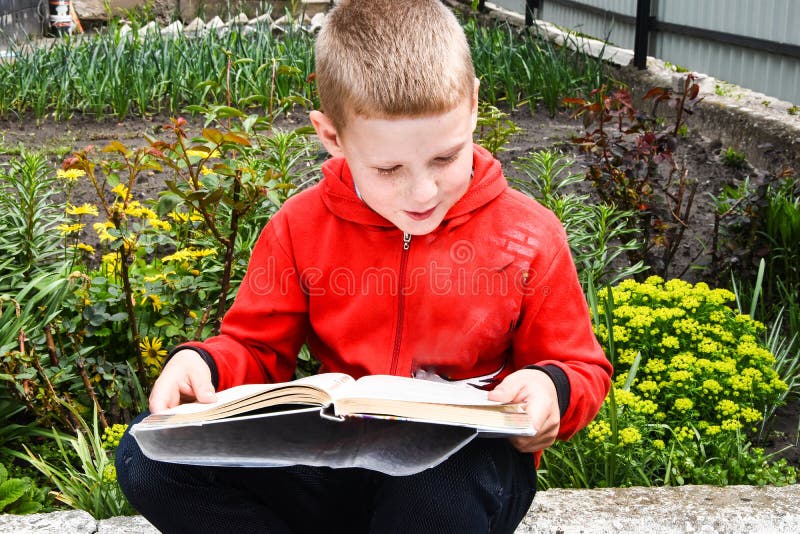 Child Boy Reading Book at the Garden, Student Studying in Park Stock ...