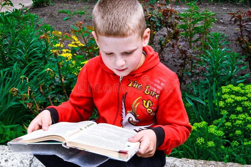 Child Boy Reading Book at the Garden, Student Studying in Park Stock ...