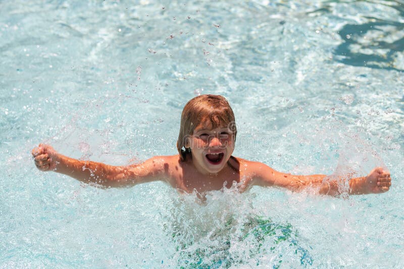Child in Pool in Summer Day. Child Swimming Underwater in Swimming Pool ...