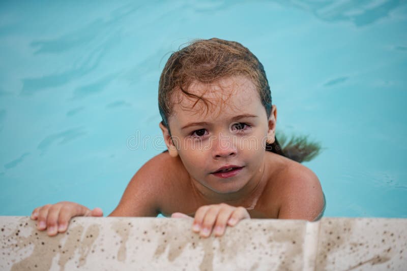 Child Boy Swim in Swimming Pool on Summer Vacation. Stock Image - Image ...