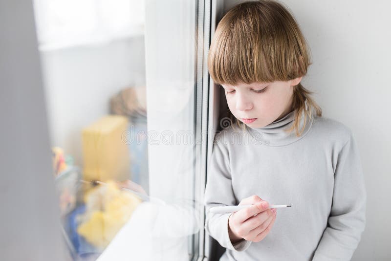 Child Boy Thermometer Measures Temperature. Stock Photo - Image of ...