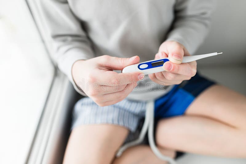 Child Boy Thermometer Measures Temperature. Stock Photo - Image of ...