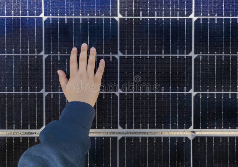 Child Boy Touching Solar Panel Surface Stock Photo - Image of electric ...