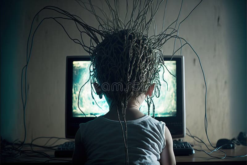 Child with Brain Interface Wires Connected To Computer Screen Stock ...