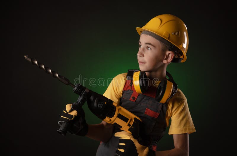 Child the Builder Costume Posing with a Work Tool Stock Image - Image ...