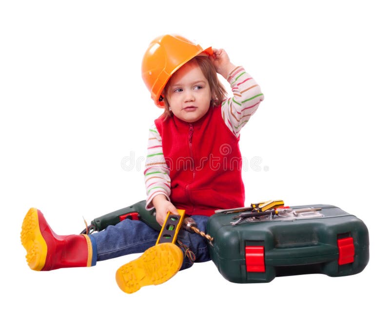 Child in Builder Hardhat with Working Tools Stock Photo - Image of ...