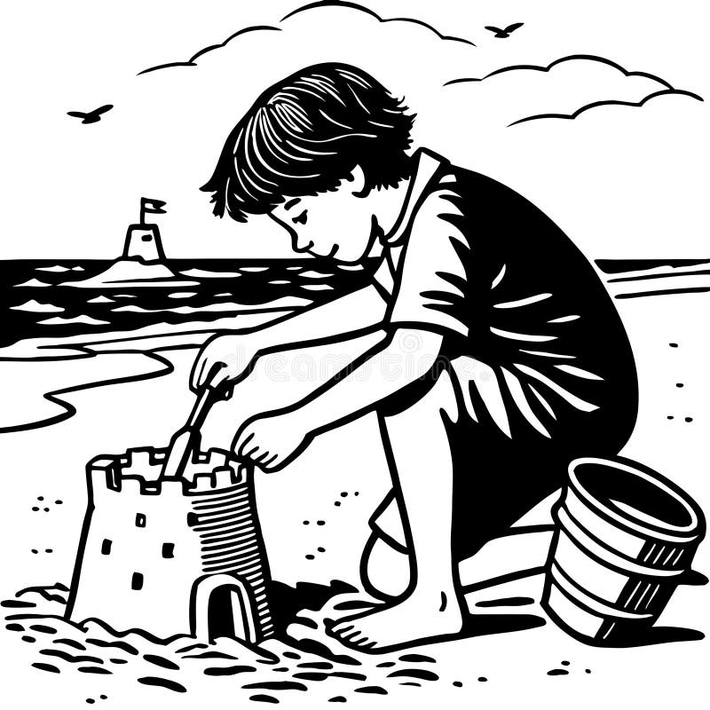 Child Building Sandcastle at Beach with Bucket and Tools for Fun Summer ...