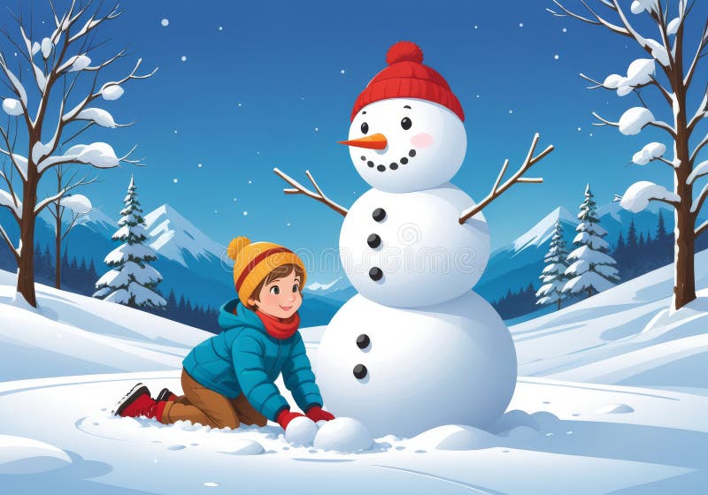 Child Building Snowman in Winter Wonderland Stock Illustration ...