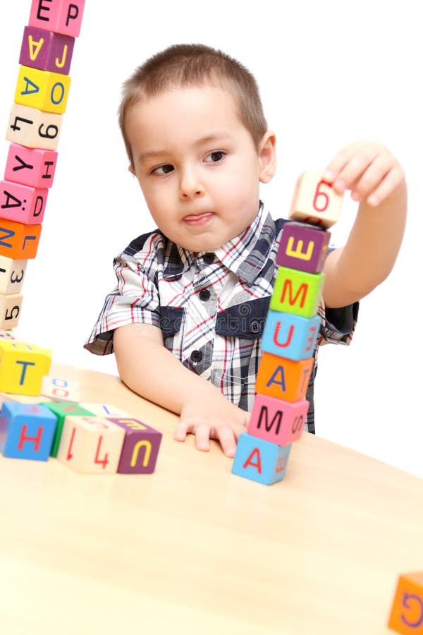 Boy Child Building Kids Block Tower Isolated Stock Photo - Image of ...