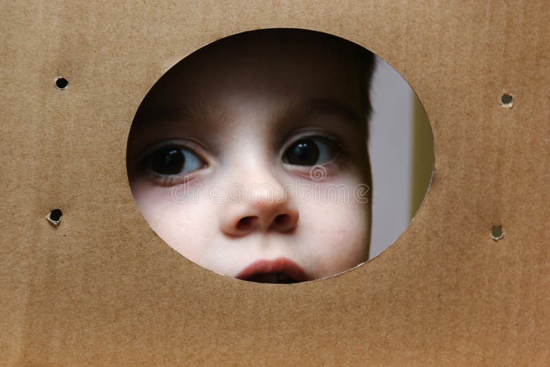 Child with Carton Box on Head Stock Image - Image of cardboard, open ...