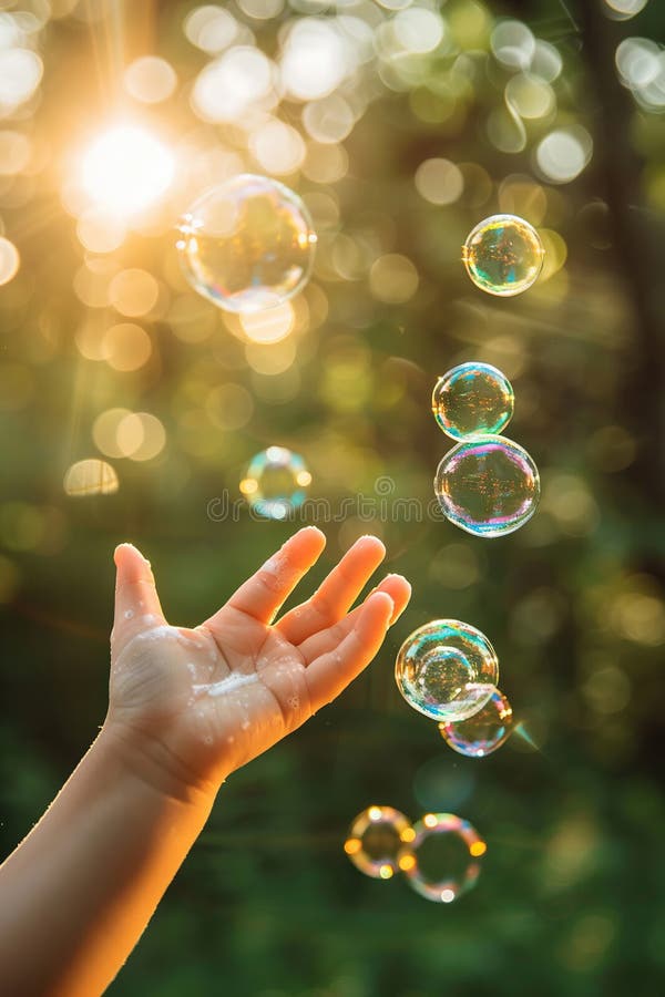 The Child Catches Soap Bubbles with His Hands Stock Image - Image of ...