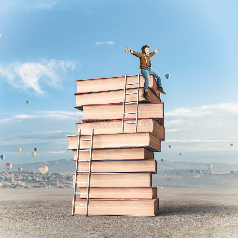 Child Celebrating Success on Stack of Books Stock Photo - Image of ...