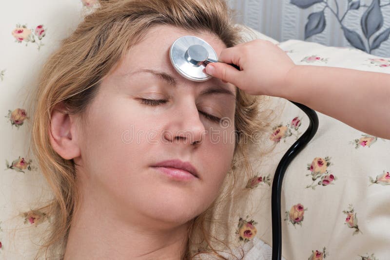 Child Checks Forehead His Mom with Stethoscope Stock Photo - Image of ...