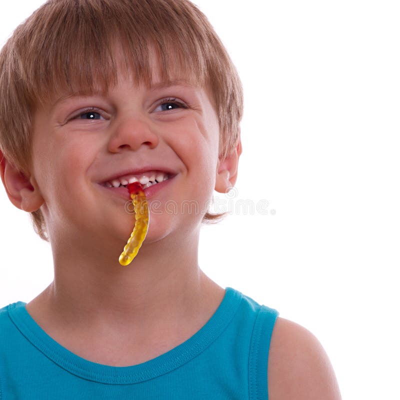 Child Chews Gummy Bears and Laughs Stock Photo - Image of fruit, chew ...