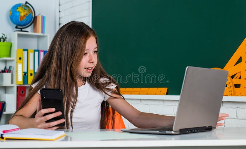 Child in Classroom School with Computer and Mobile Phone, Education ...