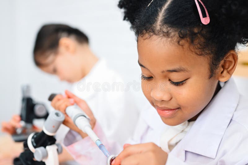 Child in Classroom at School, Kid Dressed Science Lab Coat. Science ...