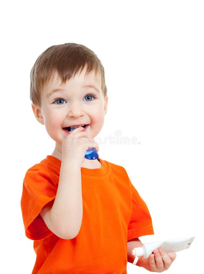 Baby Cleaning Teeth And Smiling, Isolated On White Stock Photo - Image ...