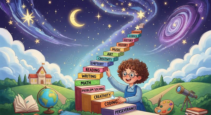 Child Climbs Steps of Knowledge Toward Starry Sky, Symbolizing ...