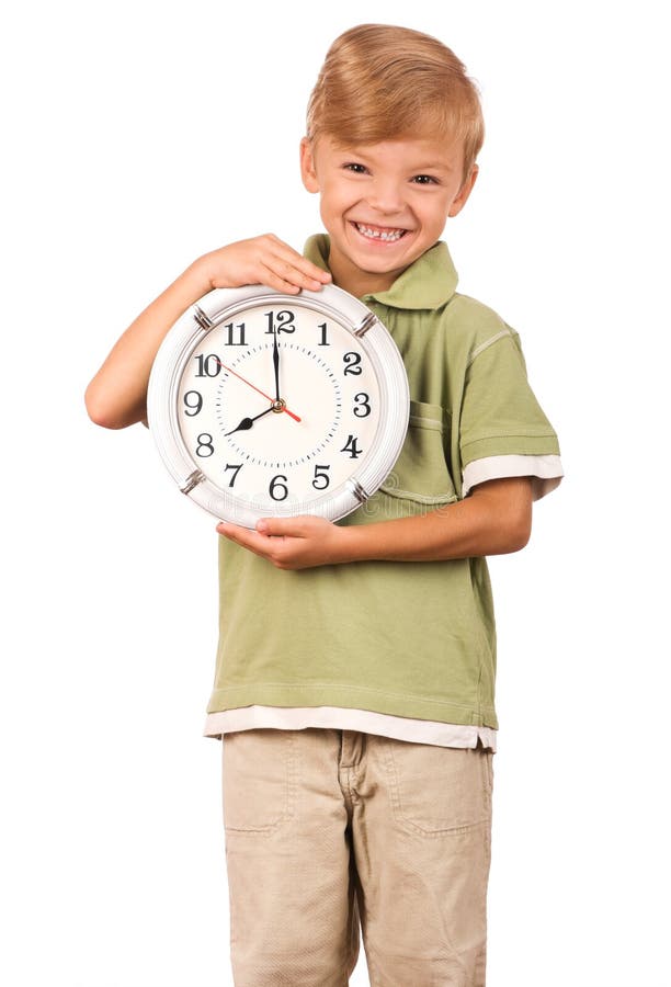 Little boy with clock stock photo. Image of background - 26578128