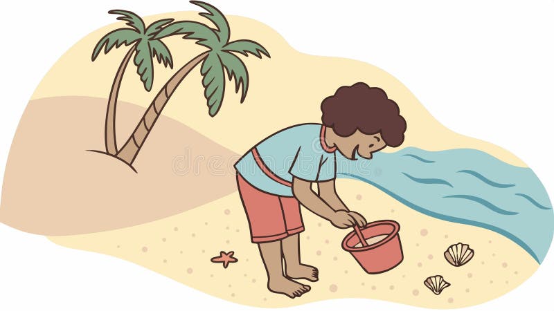 Child Collecting Shells on Sandy Beach, Seaside Exploration, Vector ...