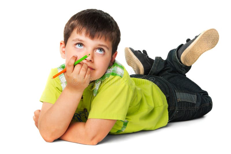 The Child with Colorful Pencil Stock Image - Image of thoughtful, white ...