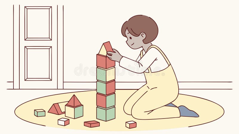 Child Concentrating on Blocks, Constructive Play, Vector Design ...