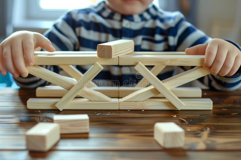 Child Constructing a Bridge with Wooden Blocks Stock Illustration ...