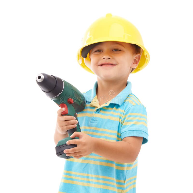 Child, Construction and Hat or Tools for Play Development or Handyman ...