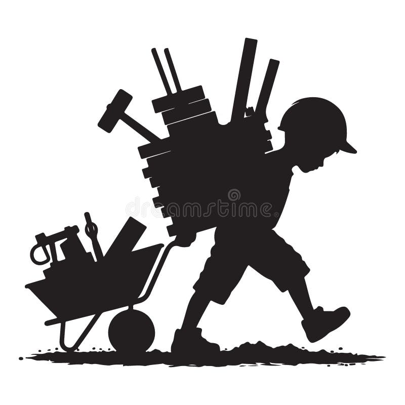 Child Construction Worker Silhouette Young Laborer Carrying Tools ...