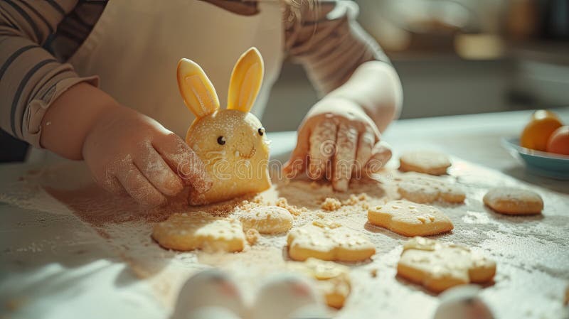Child Cooking Delicious Easter Cookie Bunny in the Kitchen Stock ...