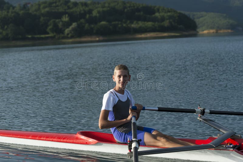Child in the Course of Rowing on Single Stock Image - Image of river ...