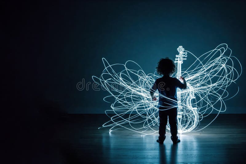 A Child Creates Light Music in the Dark. Space for Text. Stock Image ...