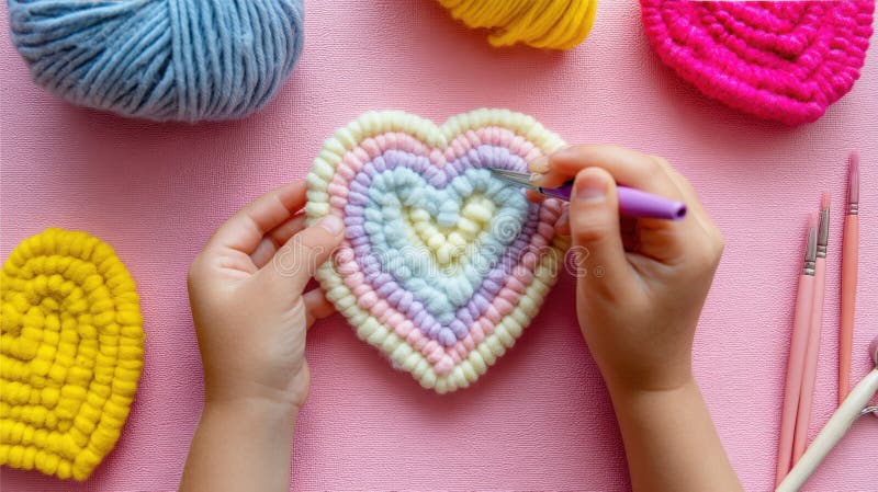 Child Creating Colorful Heart Craft with Yarn on Pink Surface Stock ...