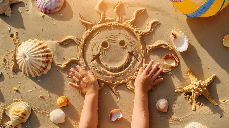 Child Creating a Smiling Sun Drawing on Sandy Beach with Shells Stock ...
