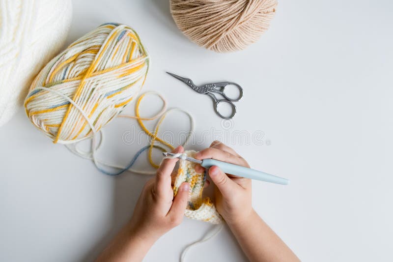 Child Crocheting with Yarn and Crochet Hook Stock Image - Image of ...