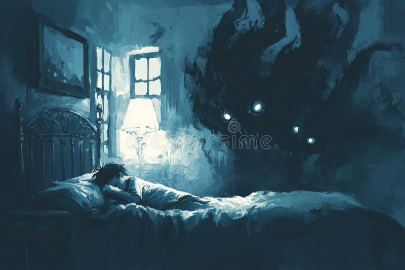 A Child Curled Up in Bed, with Dark Shadowy Creatures Lurking in the ...