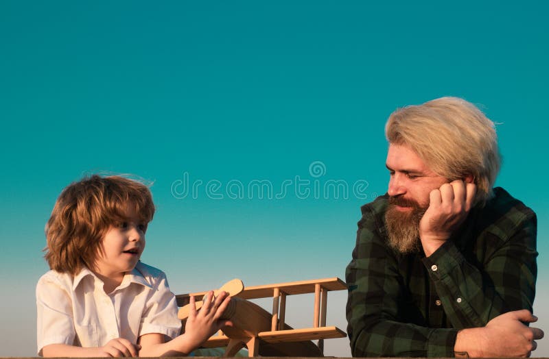 Child and Dad Playing. Kid Pilot Aviator and Daddy Dreams of Traveling ...