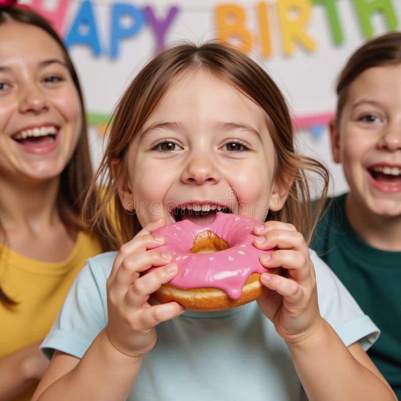 A Child Delightedly Eating a Doughnut during a Joyous Birthday ...
