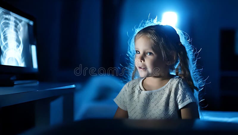 Child in Dim Room, Face Lit by X Ray Screen Stock Illustration ...