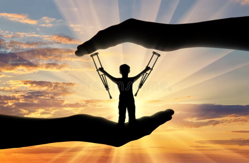 Child Disabled with Crutches in Hand on Sunset Stock Photo - Image of ...