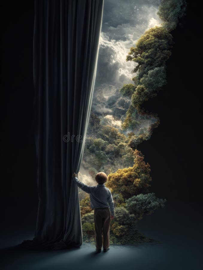 Child Discovers Bright Landscape by Pulling Back the Curtain of ...