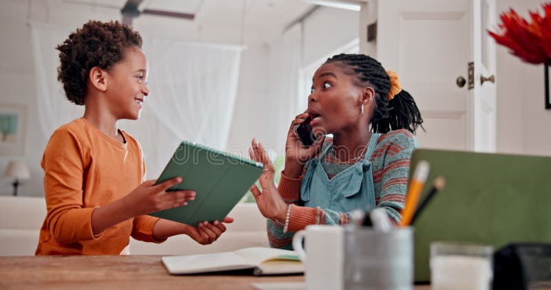 Child, Disturb or Mom on a Phone Call for Remote Work, Networking or ...