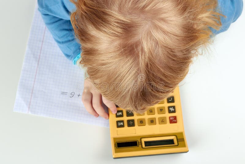 Child Does Calculations with Retro Calculator Stock Image - Image of ...