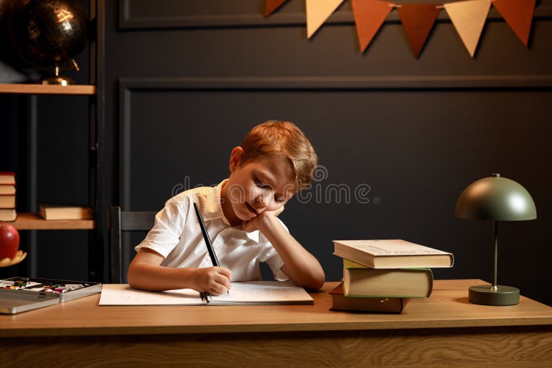 Child Doing Homework with Books and Globe Back To School Theme Stock ...