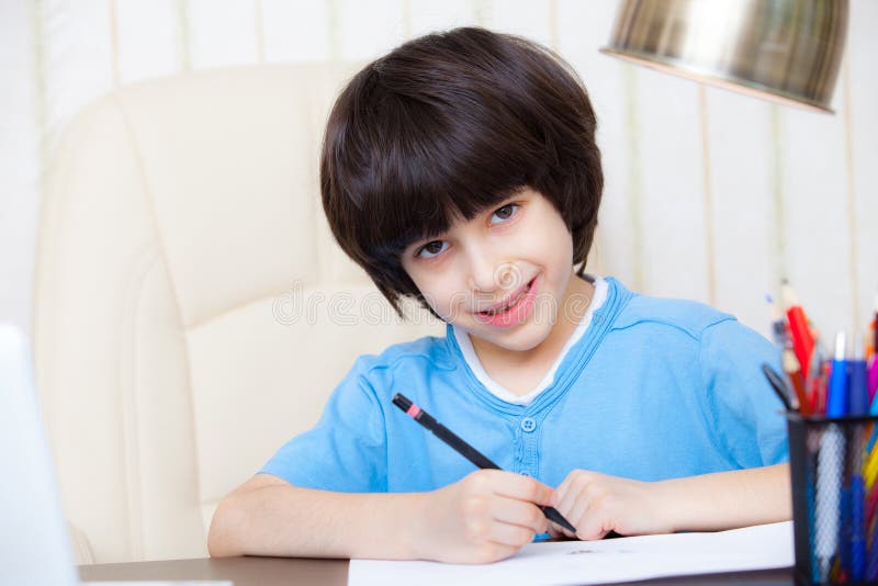 Child Doing Homework with Computer, Portrait Stock Photo - Image of ...