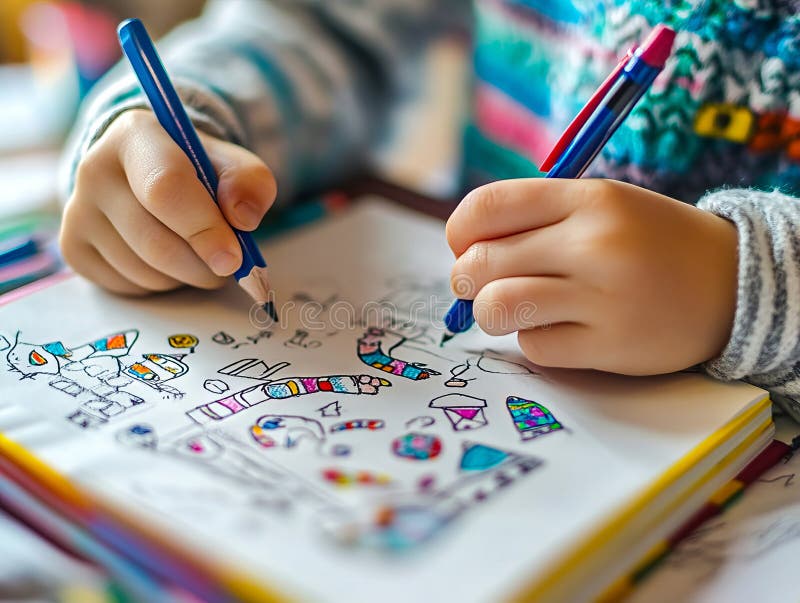 A Child is Drawing with Colored Pencils on a Notebook Stock Image ...